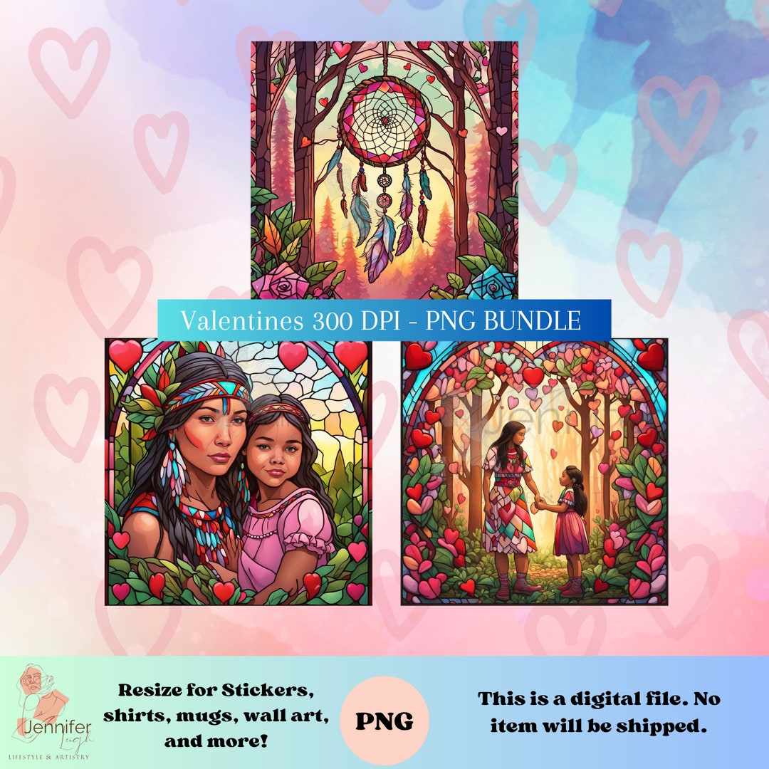 Indigenous Mother Daughter Valentines Love Hearts Stained Glass Teepee ...