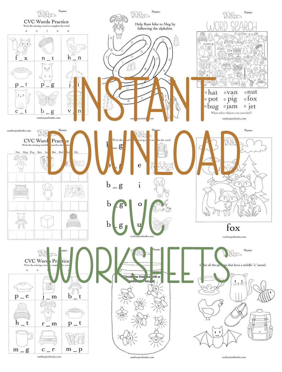 CVC Kindergarten Worksheets - Instant Digital Download of 9 CVC ...