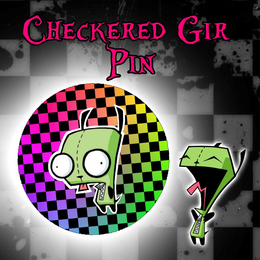 Invader Zim Gir With Rainbow Checkered Background Pin - Pins & Badges ...