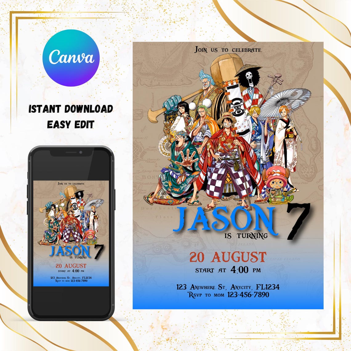 One Piece Birthday Invitation, Pirate Party Invite, Anime Birthday Card ...