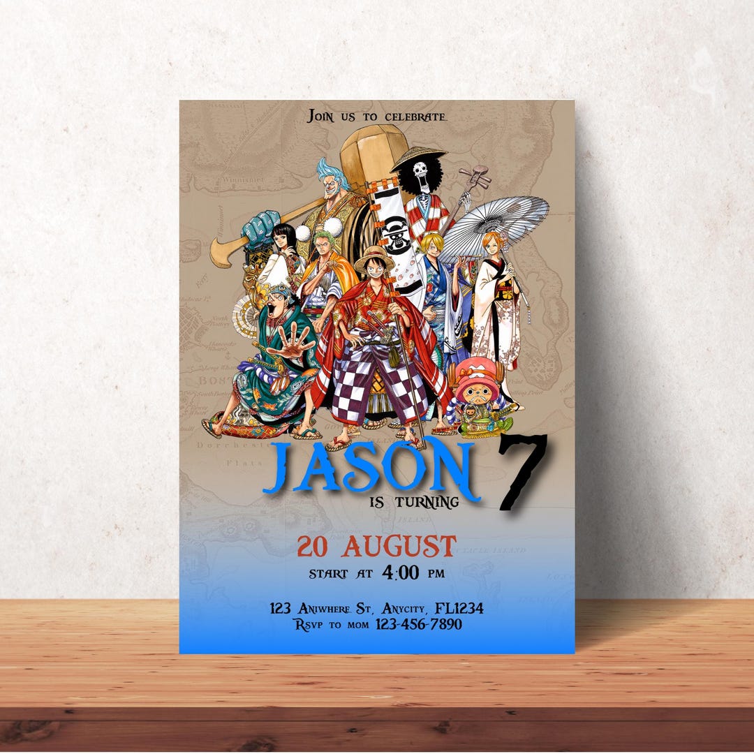 One Piece Birthday Invitation, Pirate Party Invite, Anime Birthday Card ...