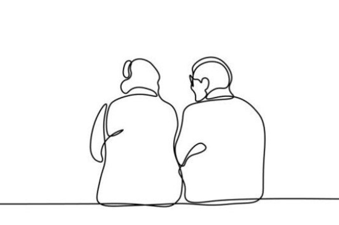 Elderly Couple in Continuous Line Art Drawing Style. Back View of ...