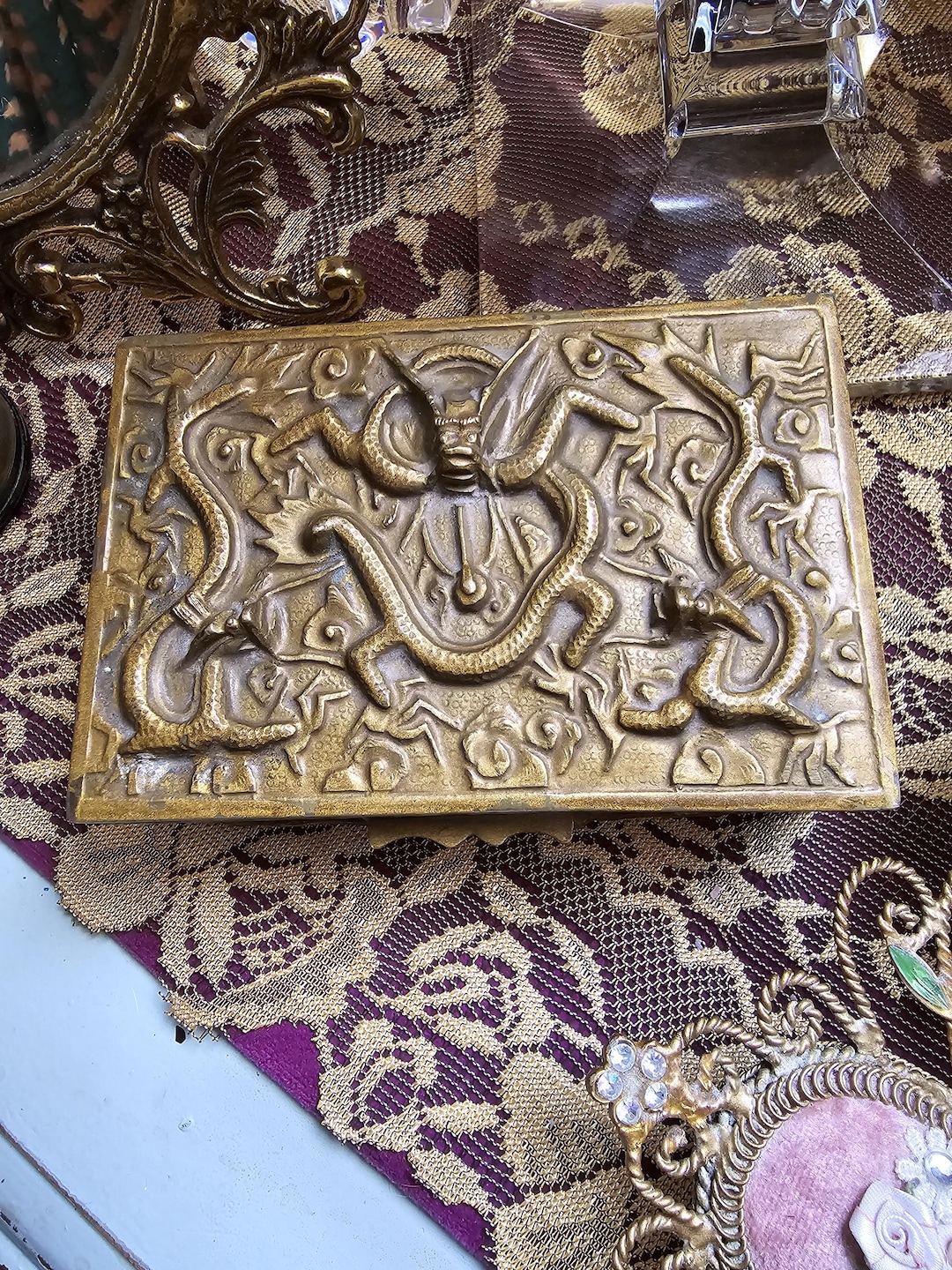 Vintage Chinese Brass Box: Ornate Dragon Relief, Camphor Wood Interior ...