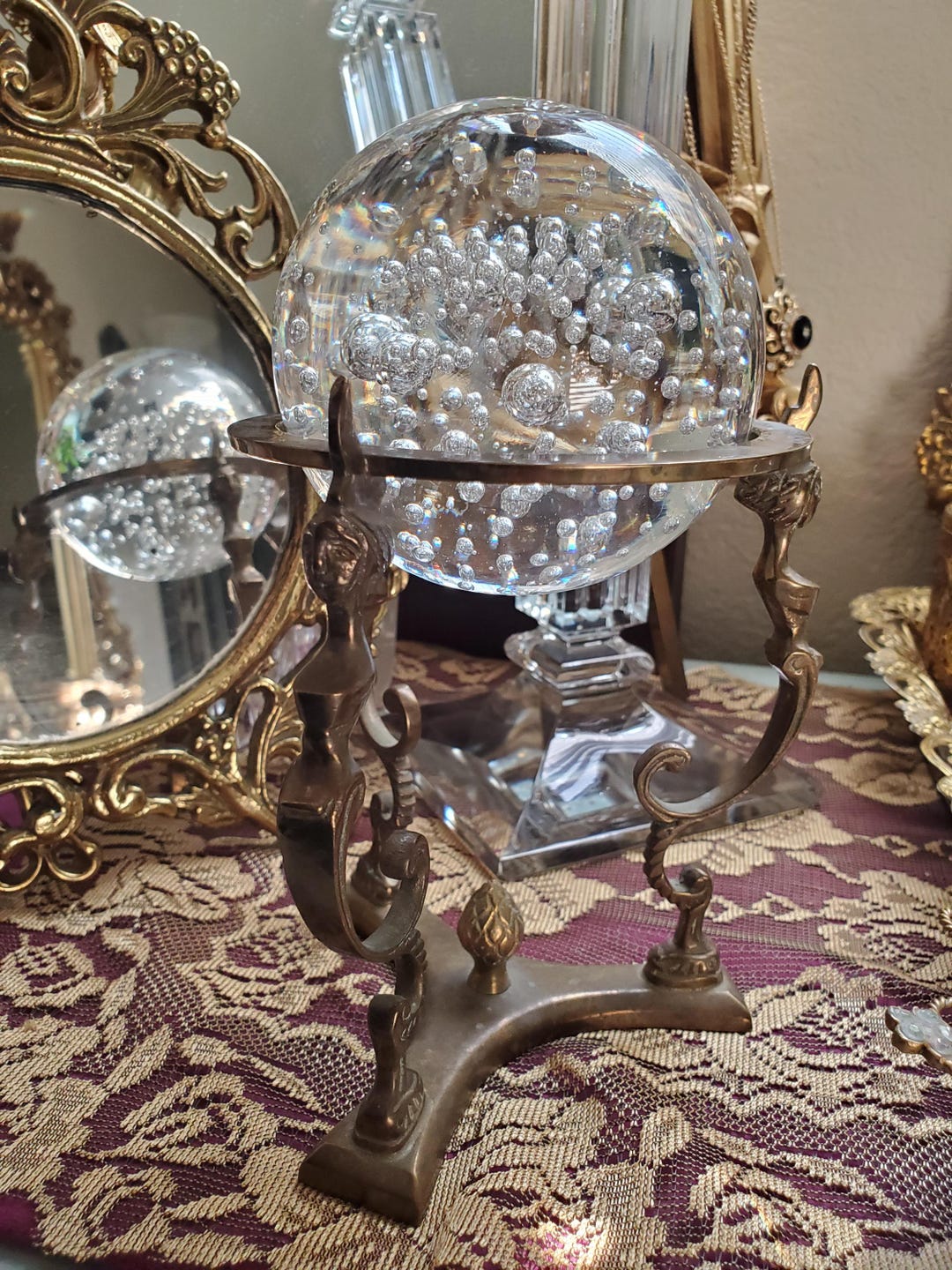 Vintage Cleopatra Brass Orb Stand With Bubble Glass Ball/paperweight ...