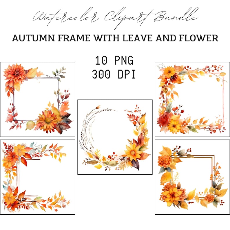 Autumn Frames With Leave and Flower Clipart, 10 PNG Fall Flowers Frame ...