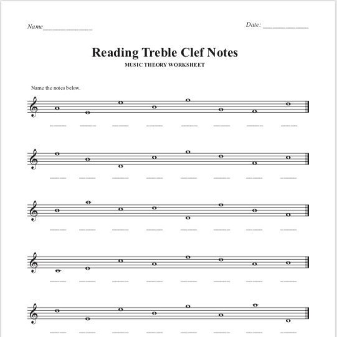 Treble Clef Note Theory Worksheet, Reading Music Theory - Etsy