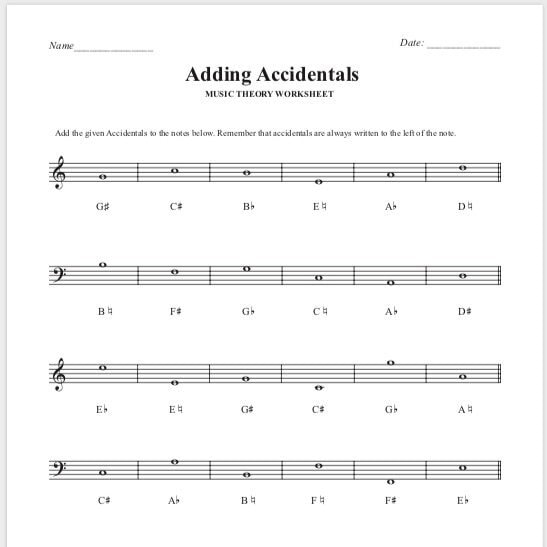 Sharp and Flats Adding Accidents Music Theory Worksheet, Printable - Etsy