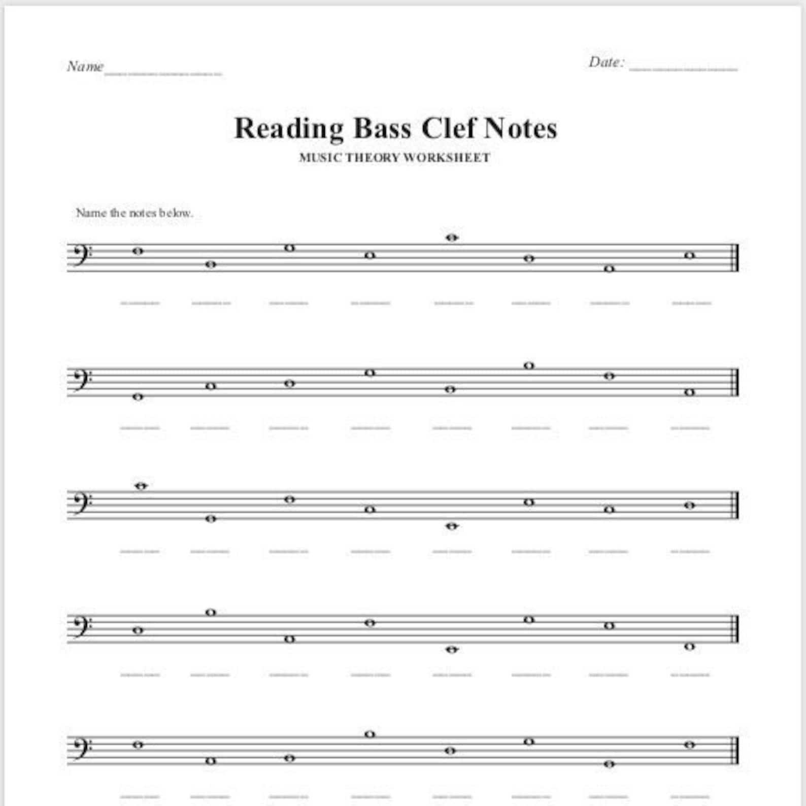 Reading Bass Clef Notes — Printable Music Theory Worksheet - Etsy