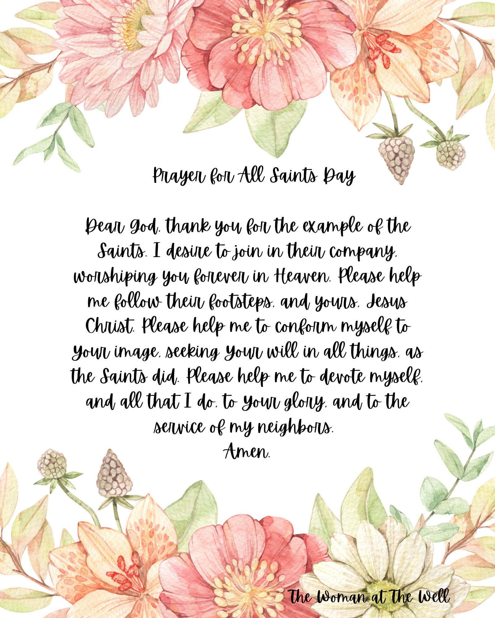 All Saints Day Prayer: Watercolor Floral Catholic Print (digital ...