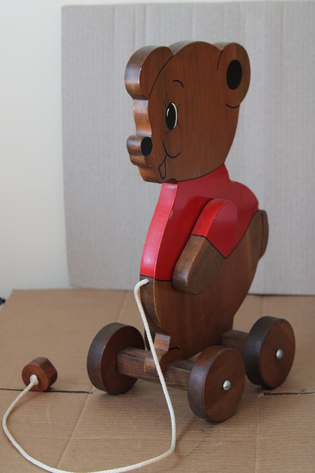 Adorable Wooden Teddy Bear Pull Toy 13" Kids Hand-painted? Moving Arms ...