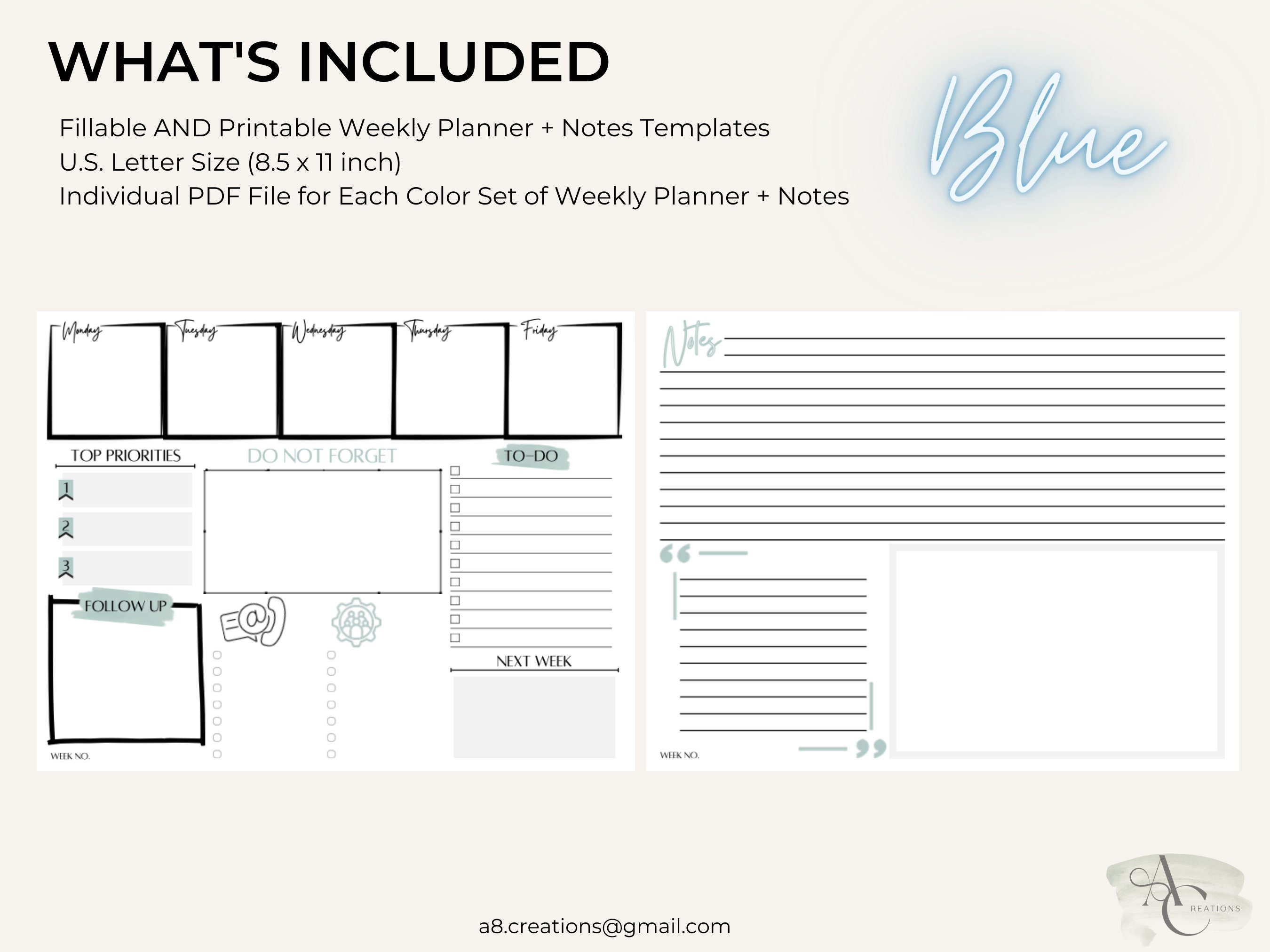 Work Week Planner, Printable Work Planner Template, Work Productivity ...