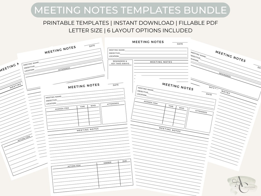 Meeting Notes Templates, Fillable and Printable, Notes Bundle - Etsy