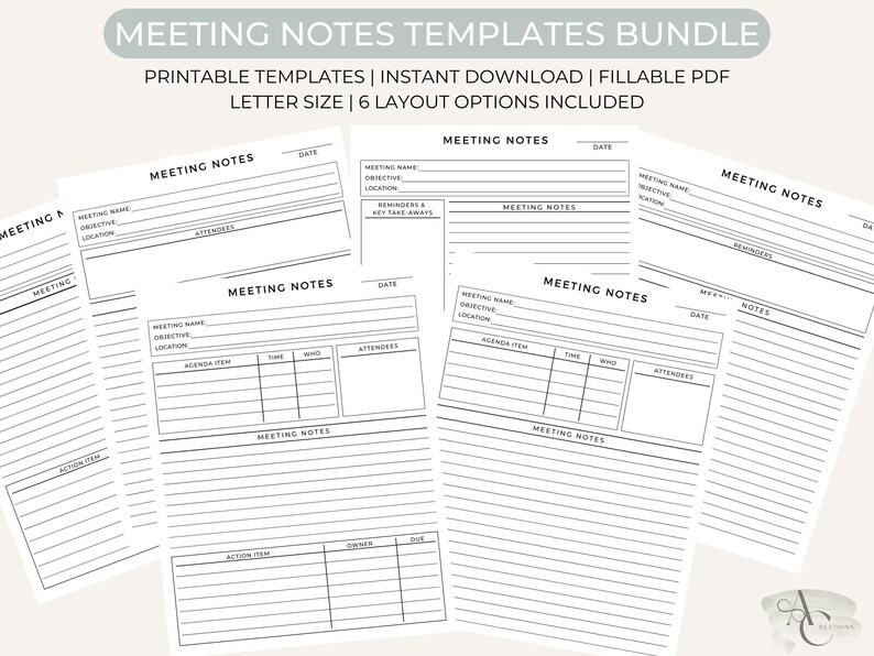 Meeting Notes Templates, Fillable and Printable, Notes Bundle - Etsy UK