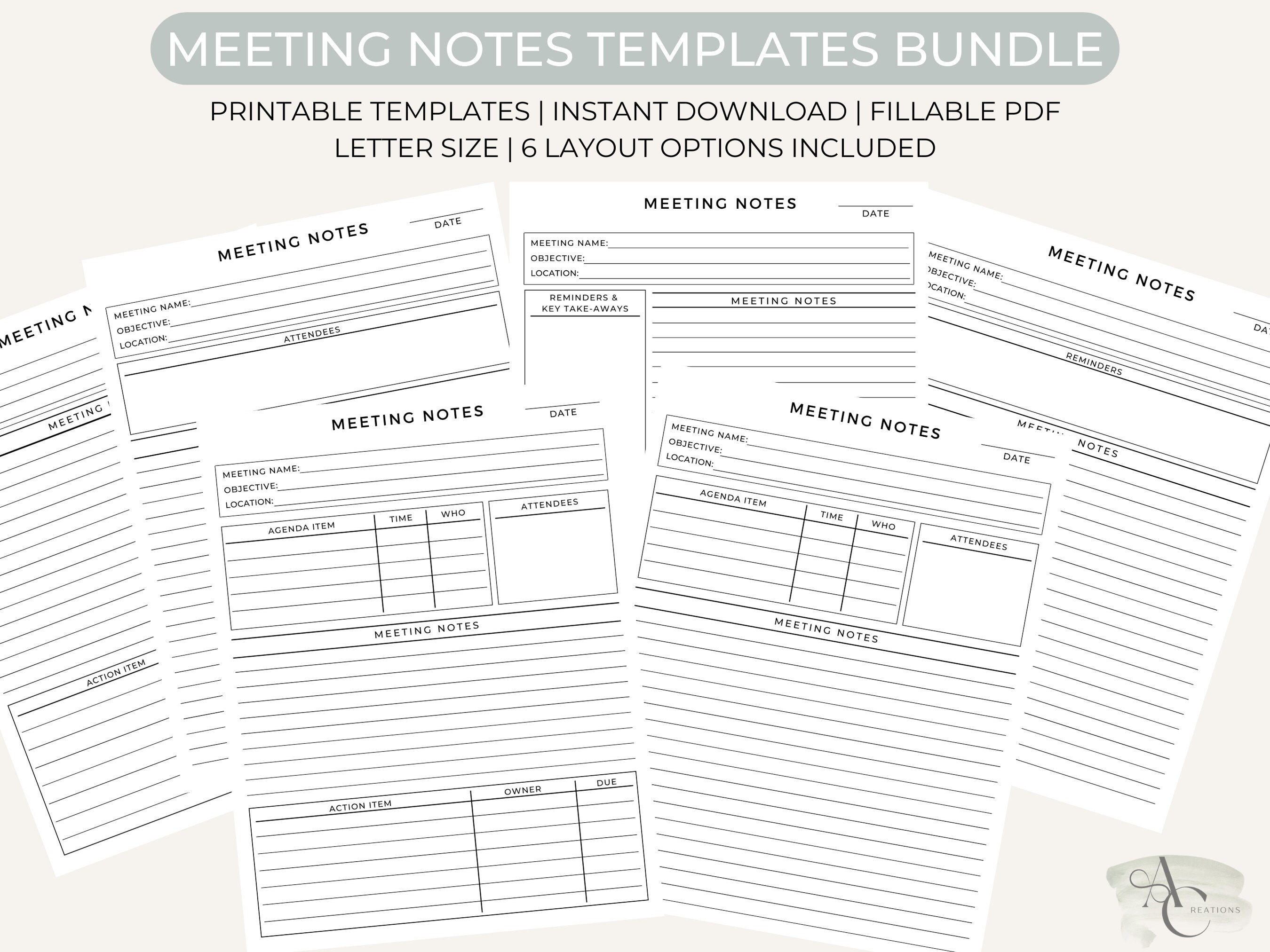 Meeting Notes Templates, Fillable and Printable, Notes Bundle - Etsy