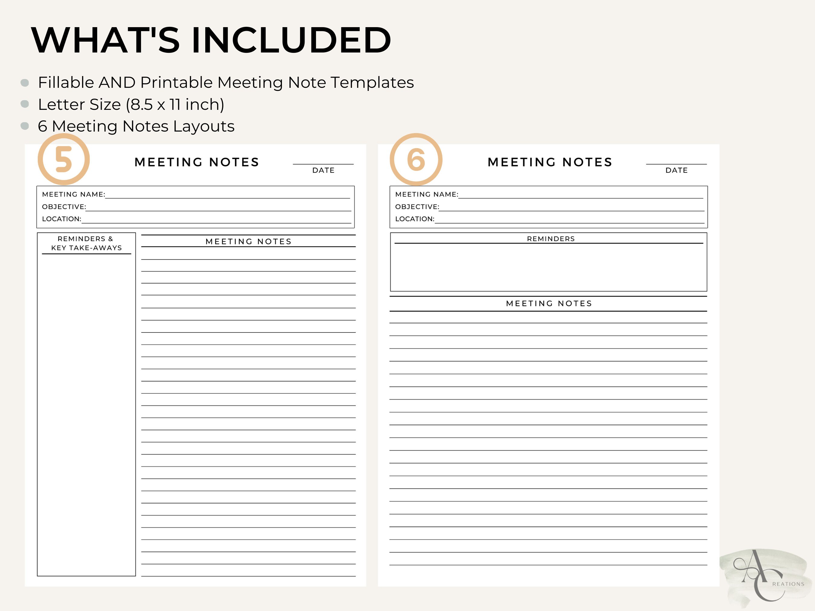 Meeting Notes Templates, Fillable and Printable, Notes Bundle - Etsy