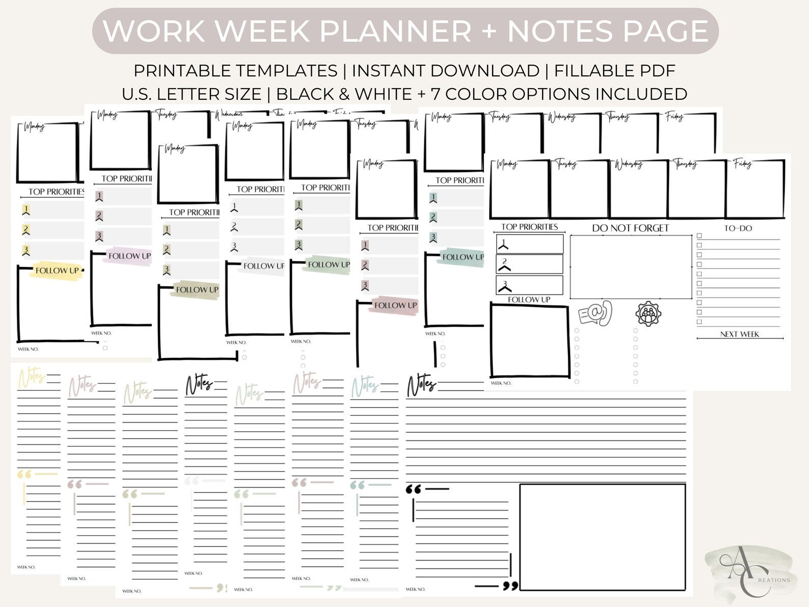 Work Week Planner, Printable Work Planner Template, Work Productivity ...