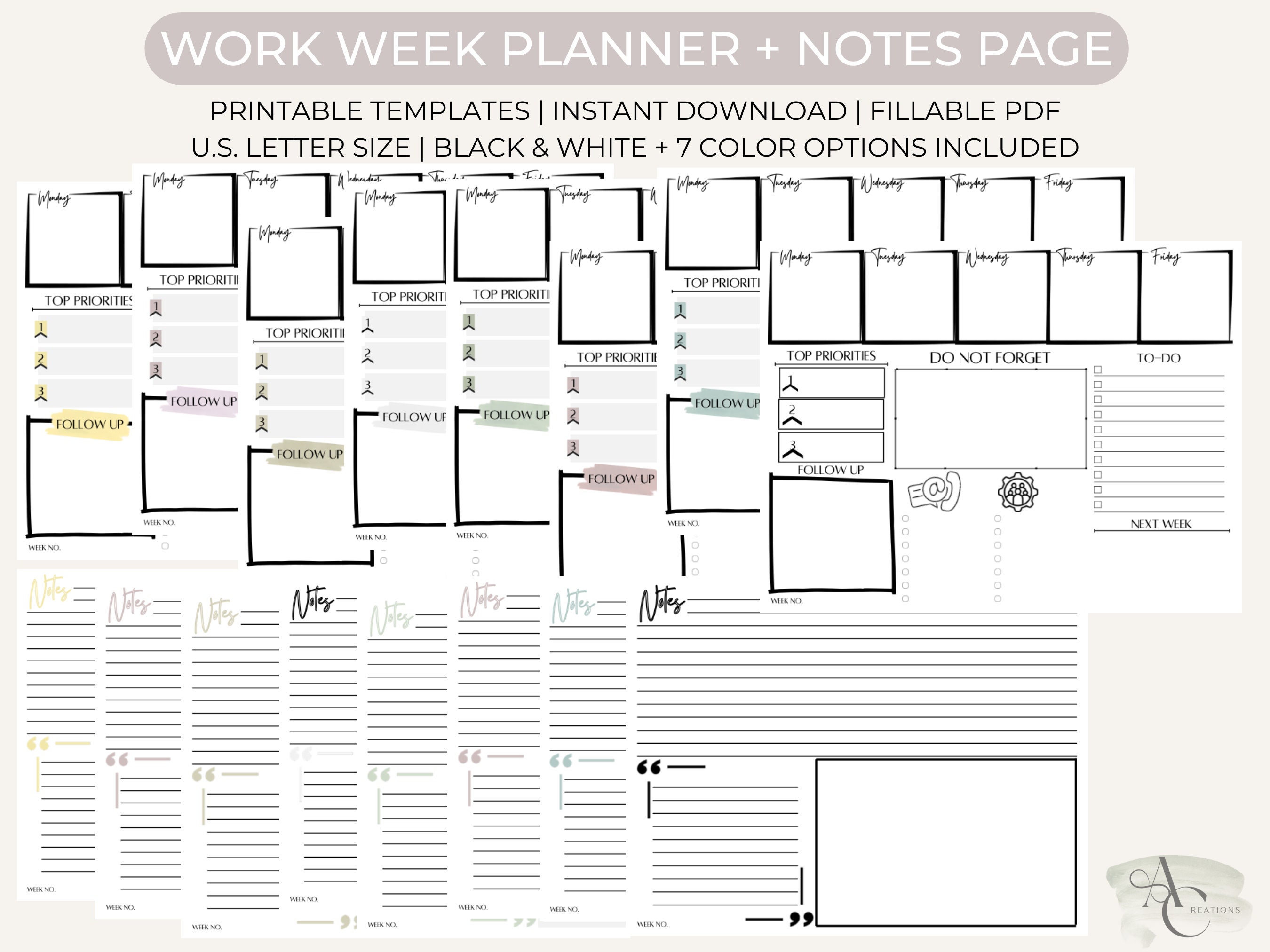 Work Week Planner, Printable Work Planner Template, Work Productivity ...