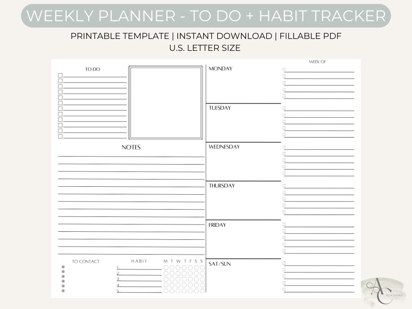 Printable Weekly Planner, Printable Template, Weekly Organization ...