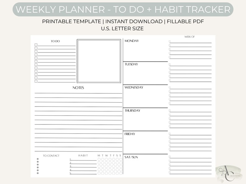 Printable Weekly Planner, Printable Template, Weekly Organization ...