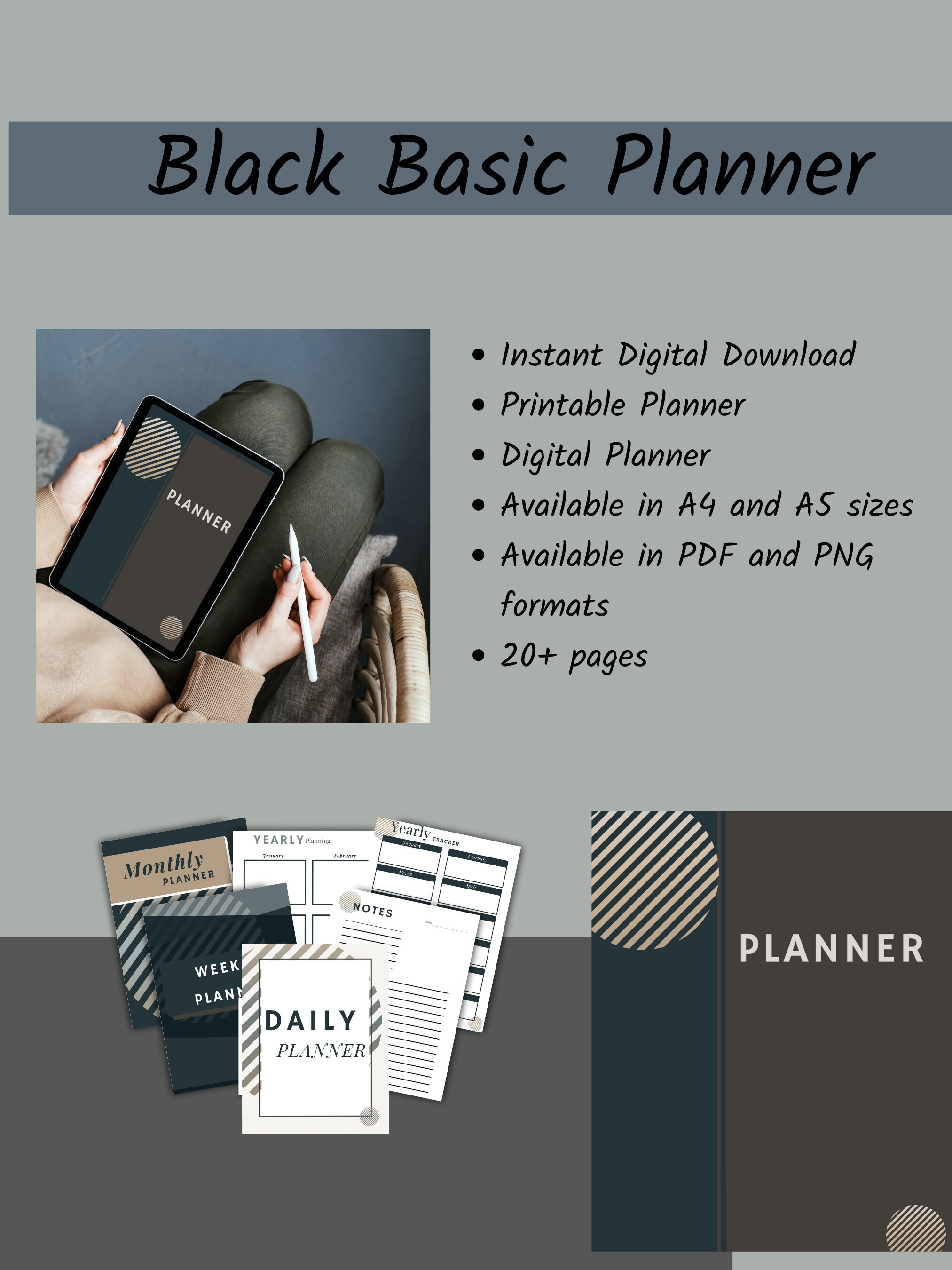Black Basic Printable Planner Undated Digital Planner Daily Schedule ...