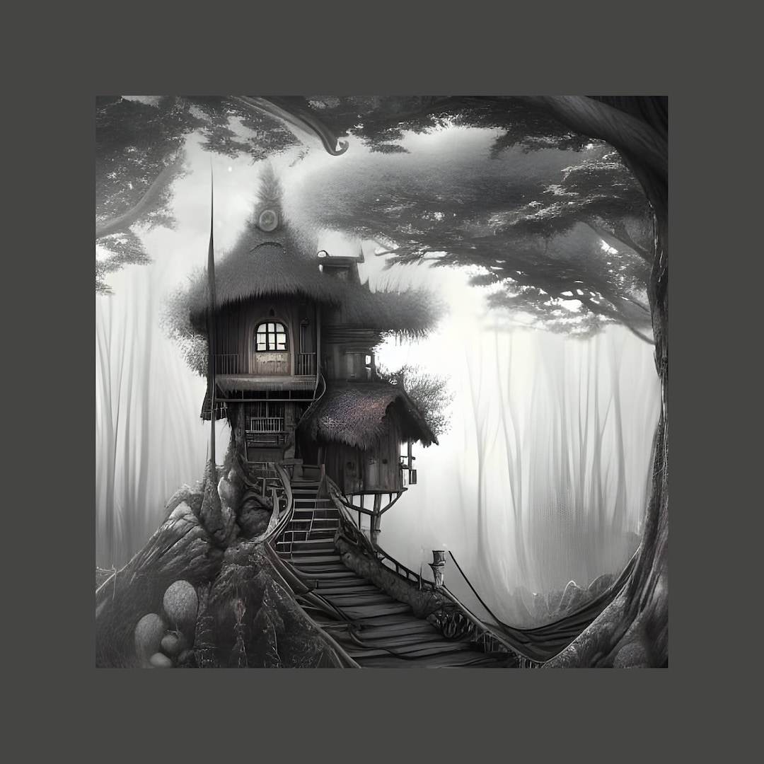 Treehouse Print Charcoal Drawing Printable Poster Digital Downloadable ...