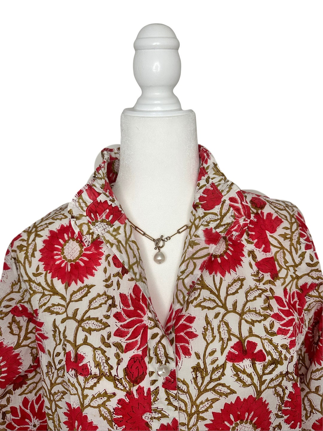 Red & Brown Floral Unique Women's Block Print Ruffle Collared Button ...