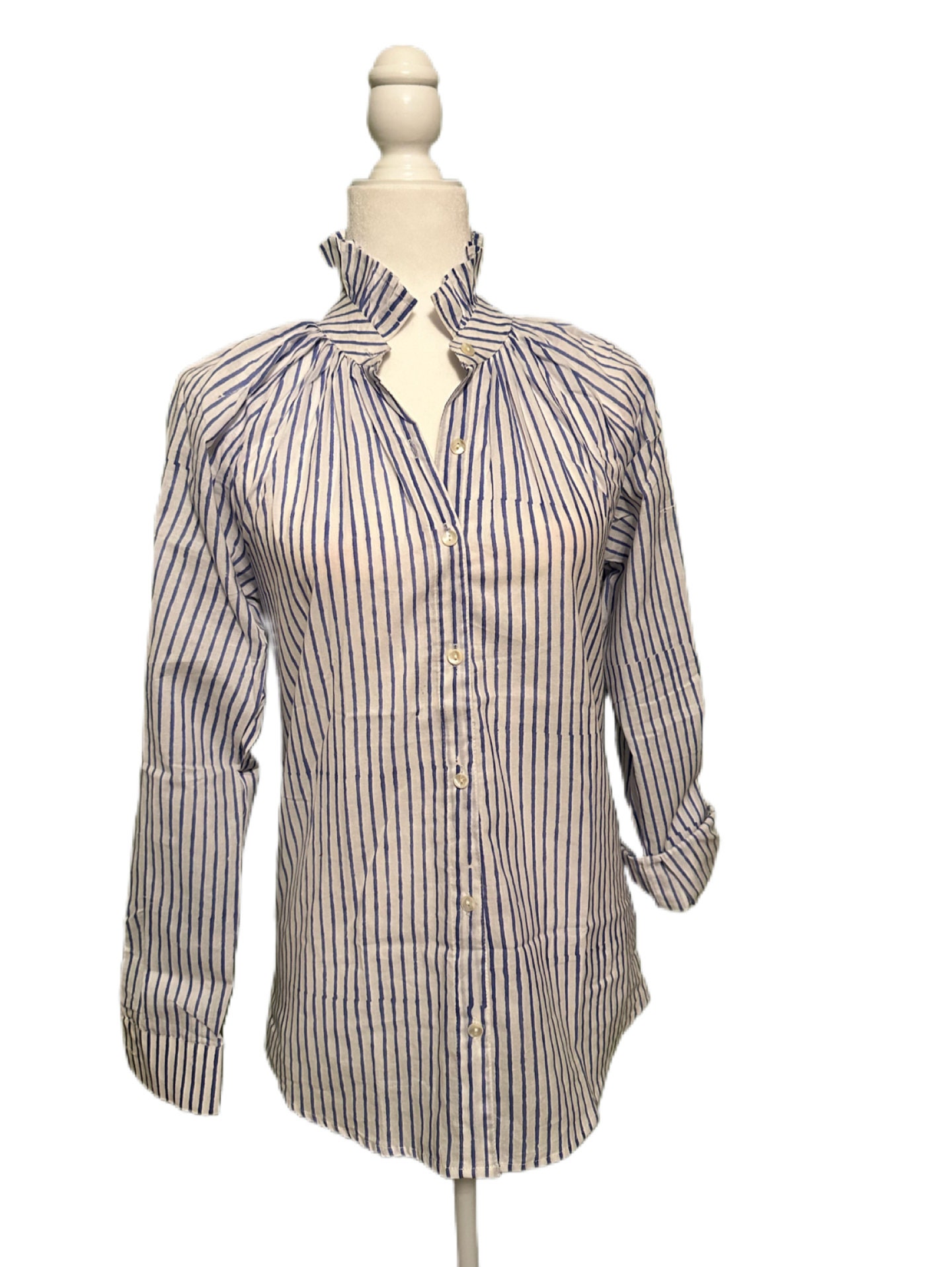 Seersucker Blue & White Striped Women's Ruffle Collared Button Down ...