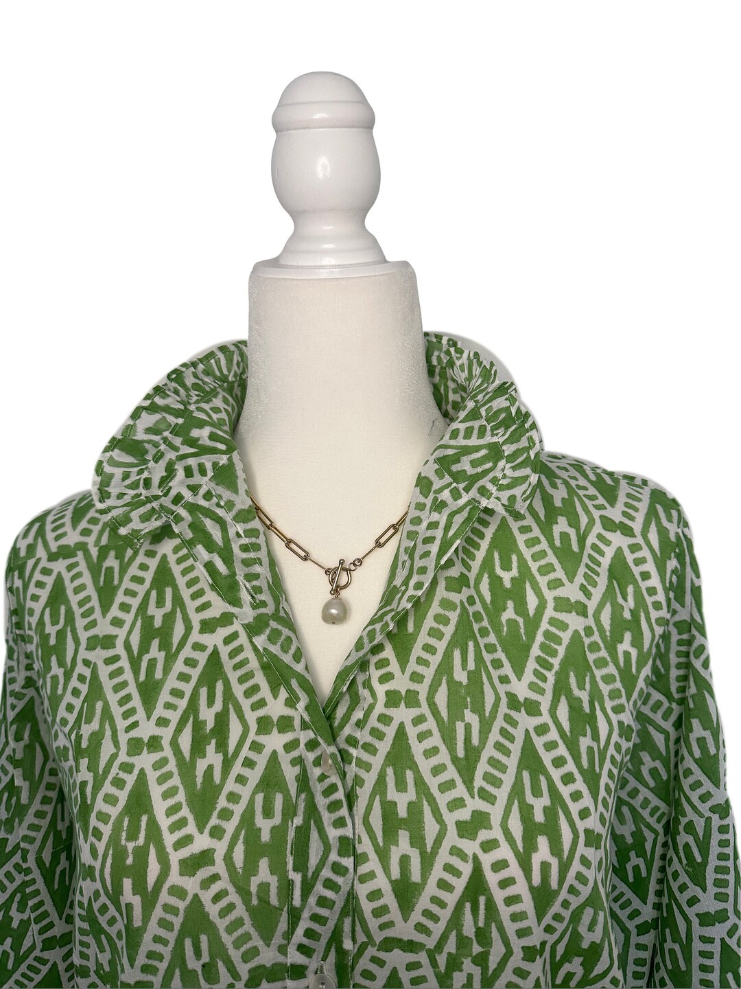 RESTOCKED Green & White Unique Women's Block Print Ruffle Collared ...