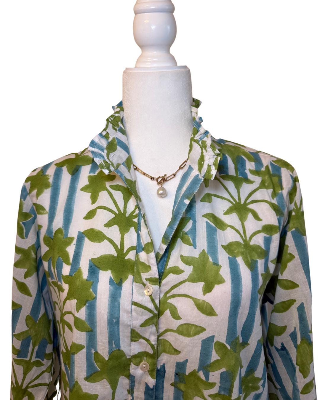 Block Print Cotton Blouse: Striped Floral Ruffle Collar Top - Etsy