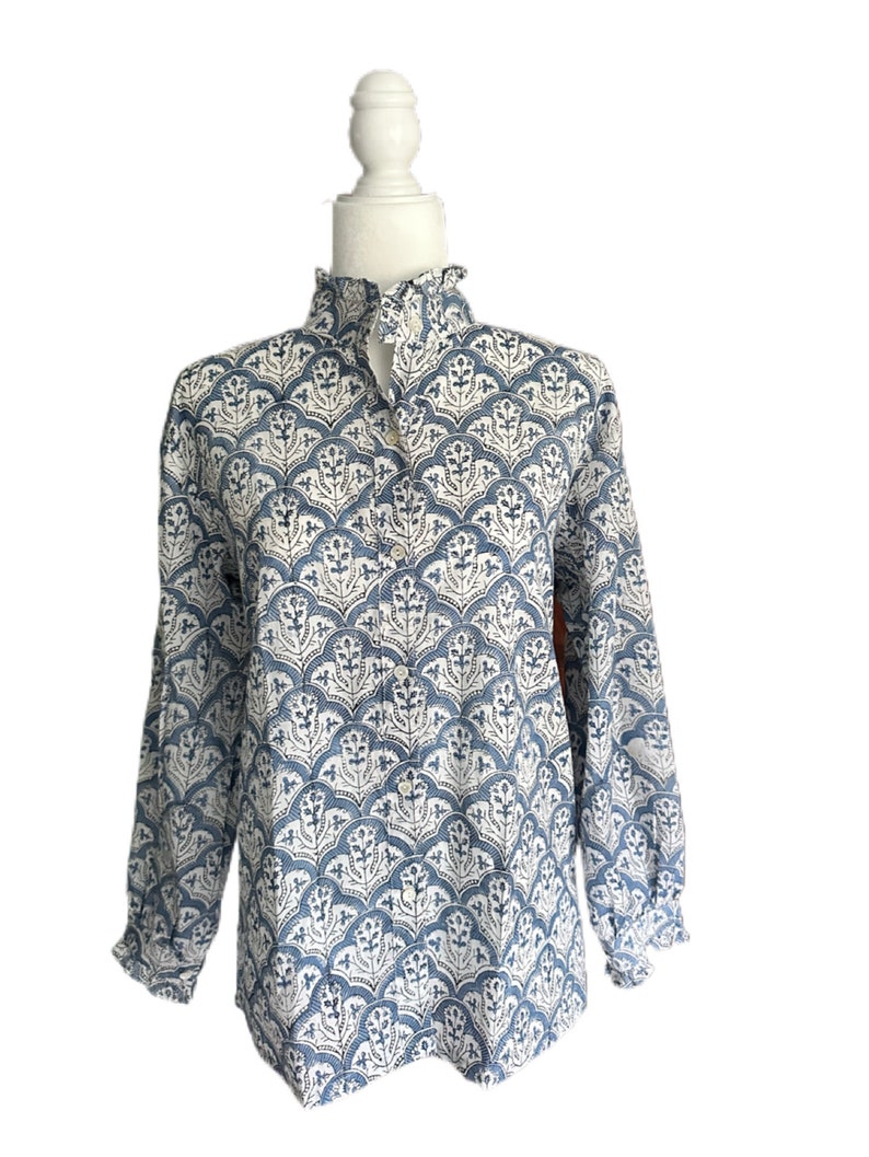 Blue Medallion Floral Block Print Cotton Blouse With Ruffle Collar - Etsy