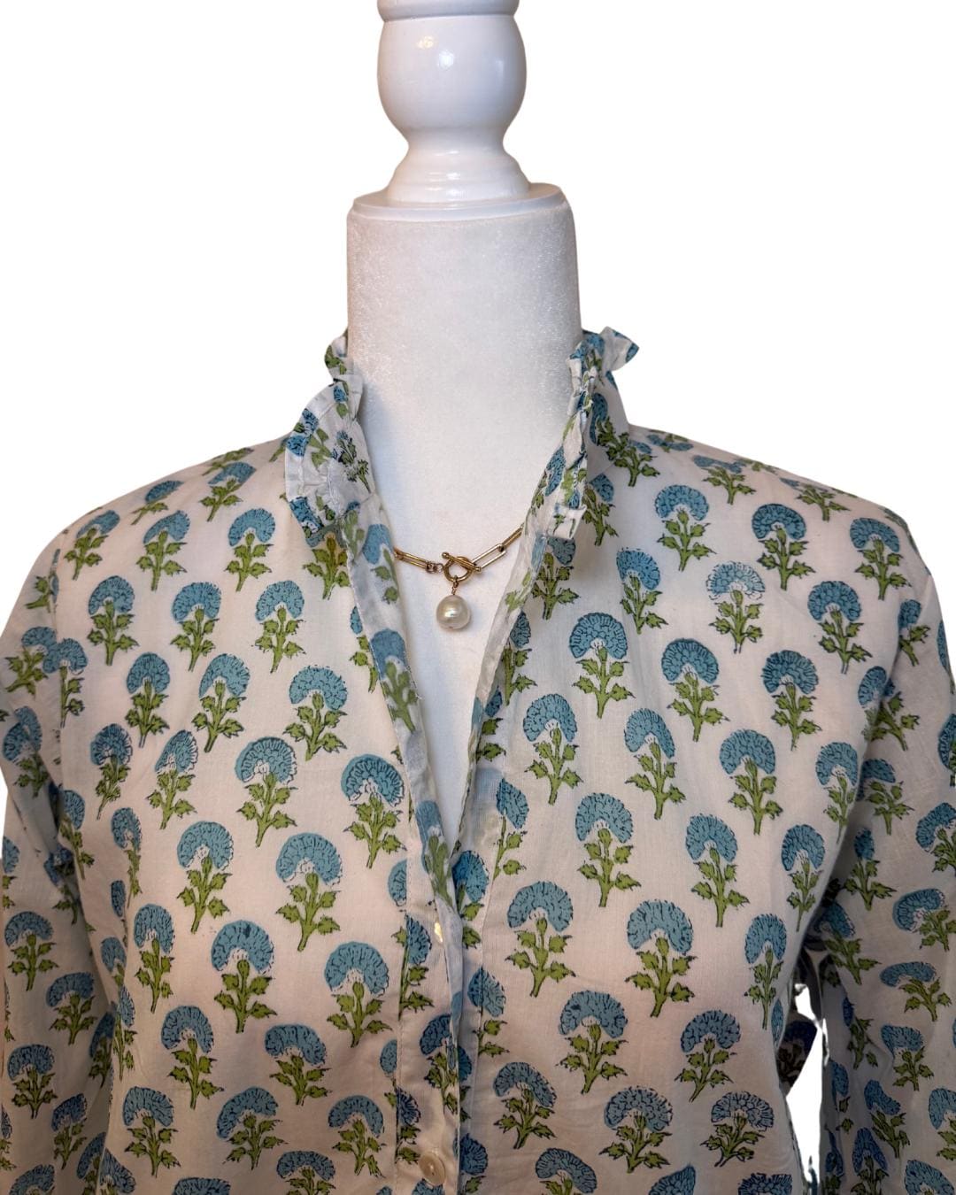 Blue Floral Block Print Cotton Blouse With Ruffle Collar - Etsy