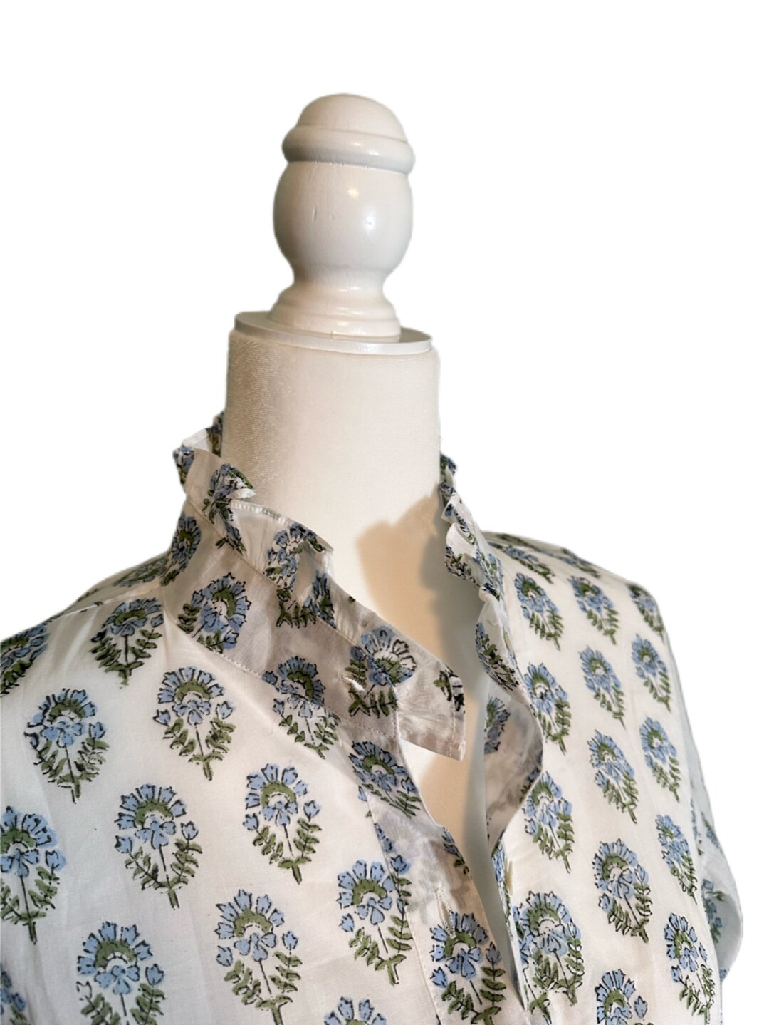 Green & Blue Unique Women's Floral Block Print Ruffle Collared Button ...