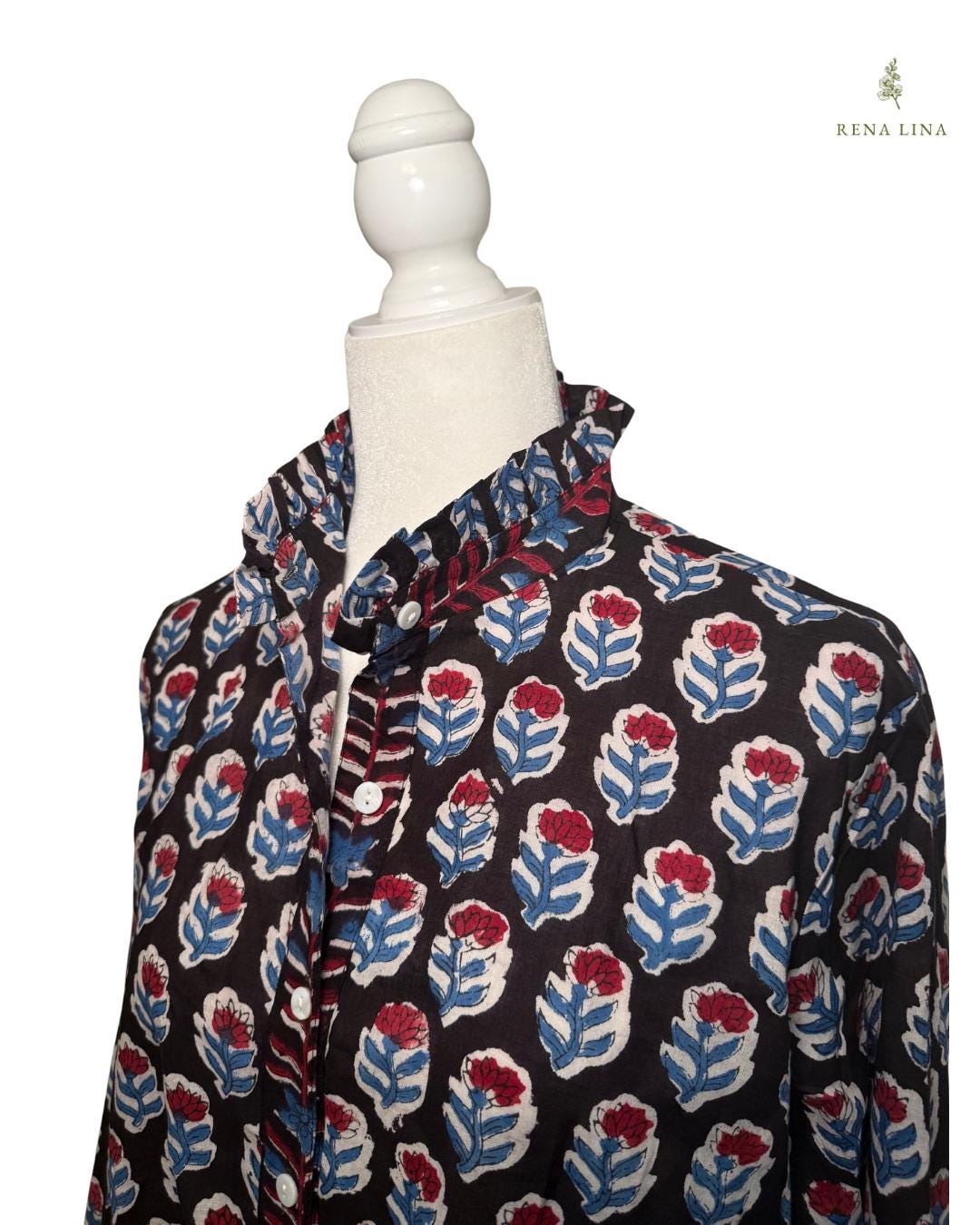 Black, Red & Blue Small Floral Block Print Cotton Blouse With Ruffle ...