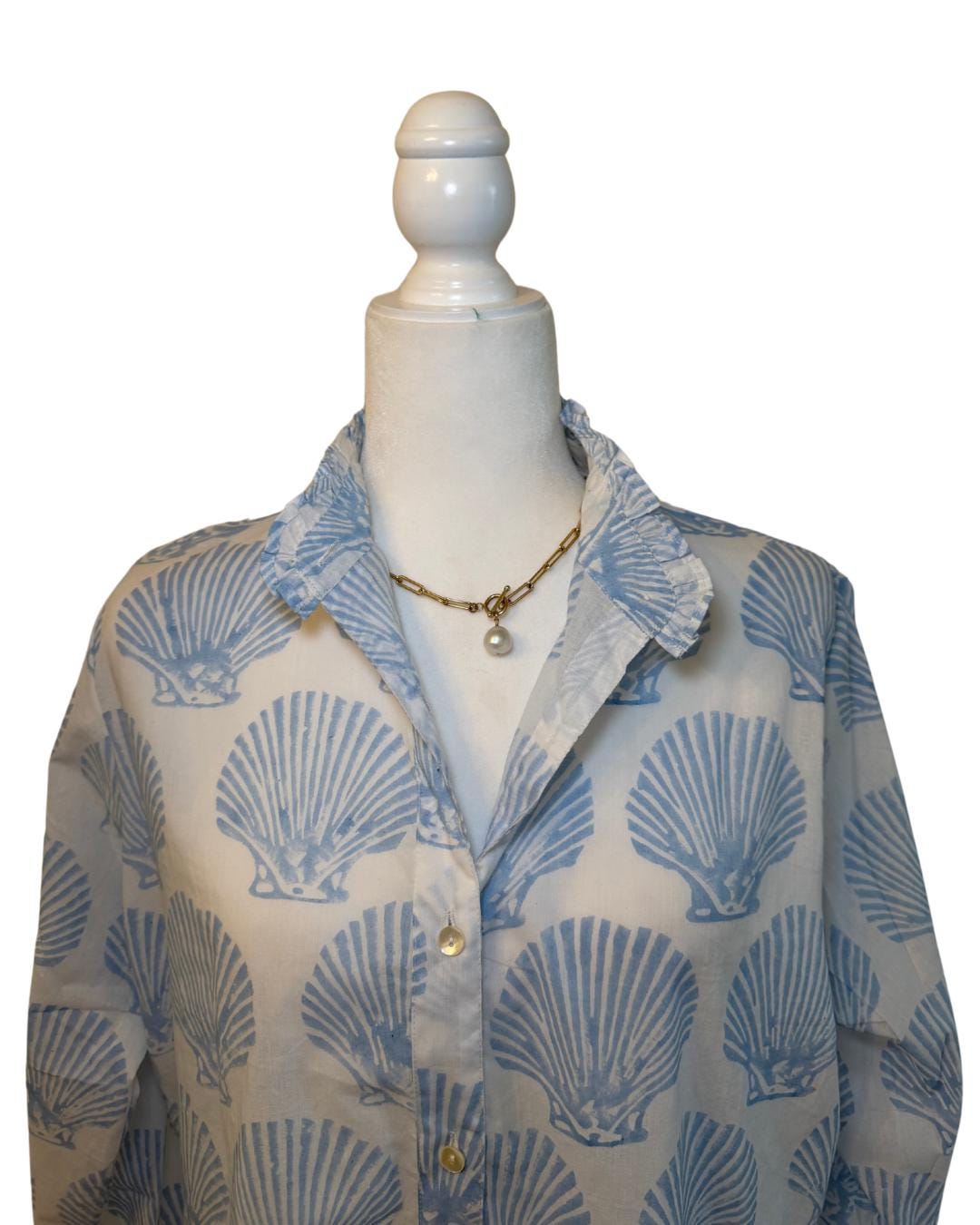 Seashell Block Print Cotton Blouse: Ruffle Collar Button-down Top - Etsy