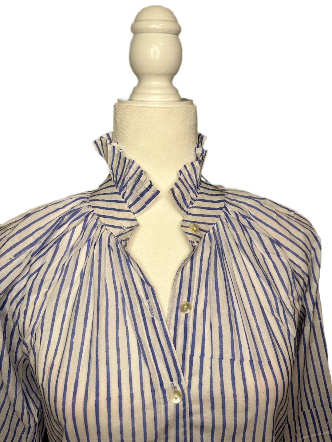Seersucker Blue & White Striped Women's Ruffle Collared Button Down ...