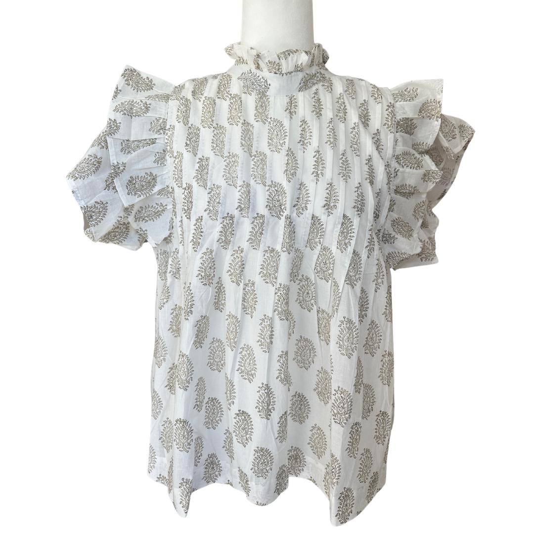 Floral Block Print Cotton Blouse: Flutter Sleeve Button Up - Etsy