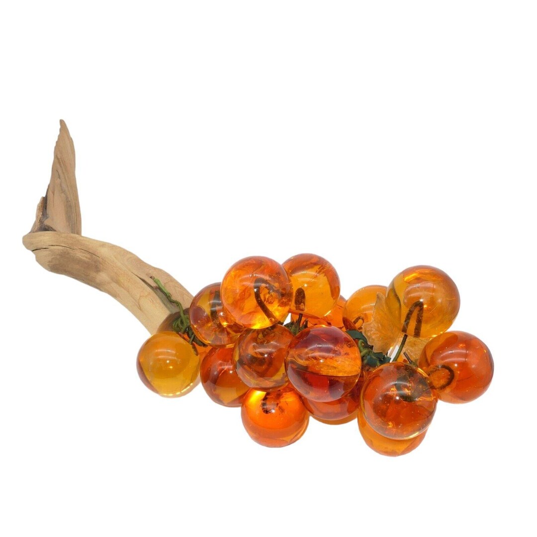 Vtg MCM Vibrant Orange Lucite UV Light Reactive Grapes Wooden Stem ...