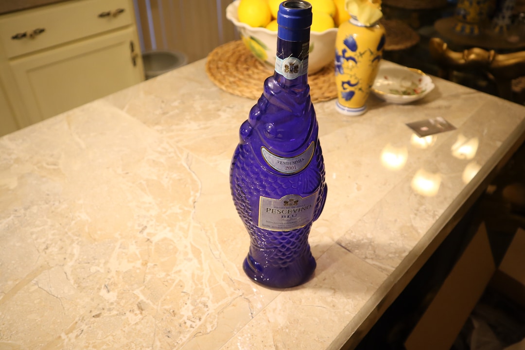 Vintage Cobalt Blue Glass Italian Fish Wine Bottle With Original Labels ...