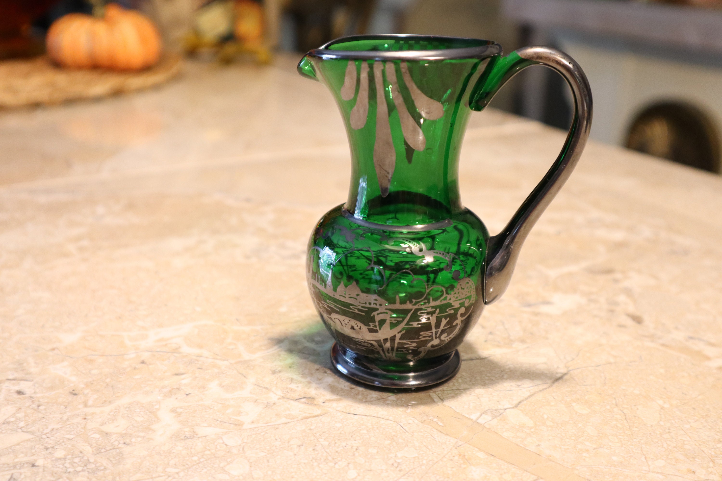 Vintage Emerald Green Glass Pitcher With Applied Handle Silver ...