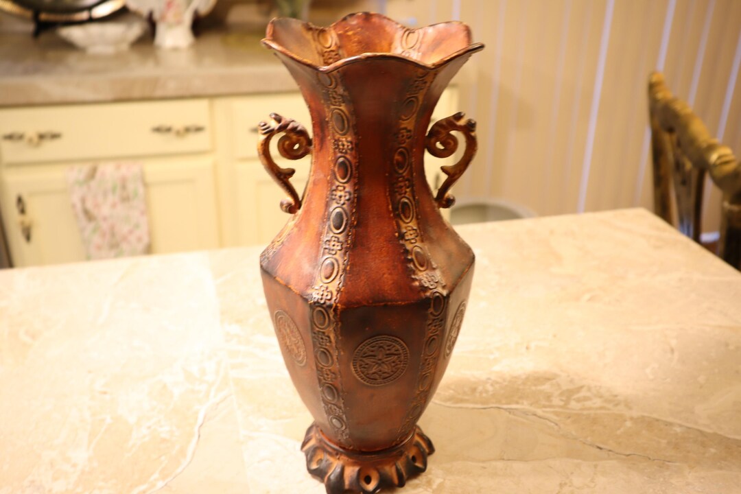 Vintage Metal Double Medalion Handled Decorative Vase Red Brown Copper ...
