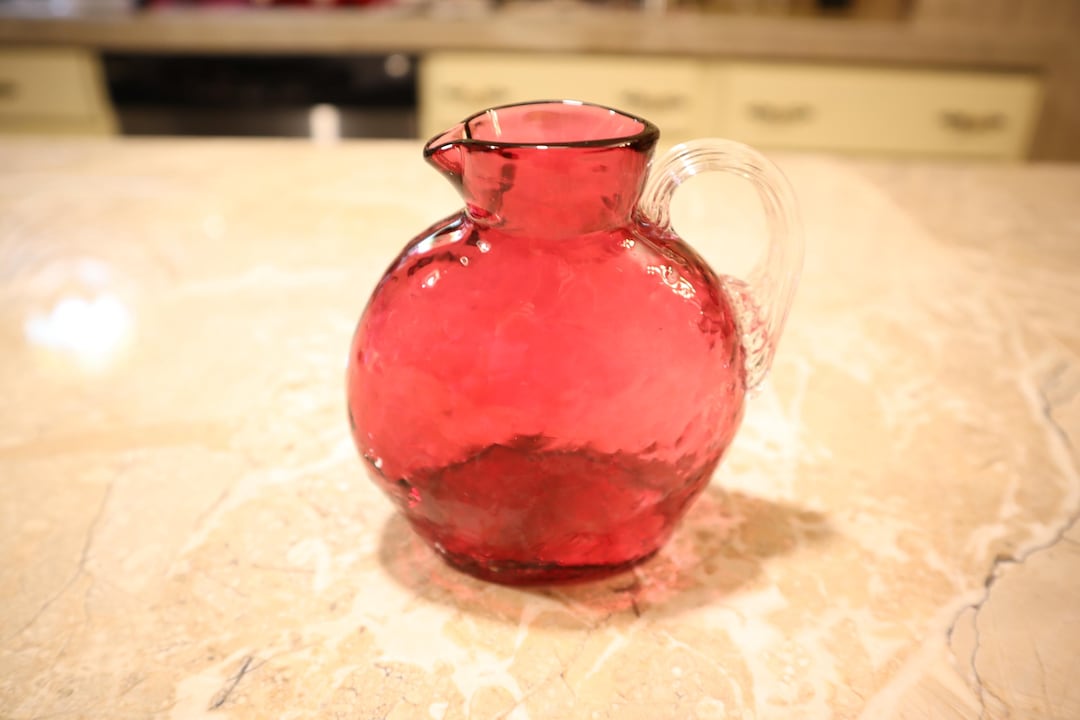 Vintage 1960s Cranberry Glass Strawberry Pitcher Pastry Clear Handle ...