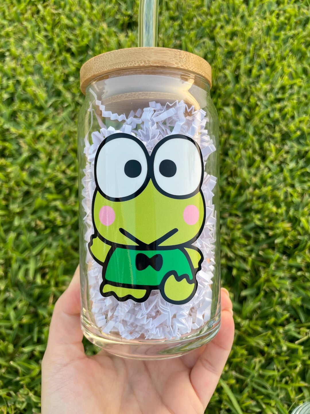 Keroppi Aesthetic Glass Cup With Bamboo Lid and Straw - Etsy