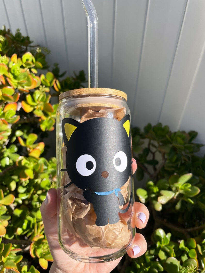 Chococat Aesthetic Glass Cup With Bamboo Lid and Glass Straw. - Etsy