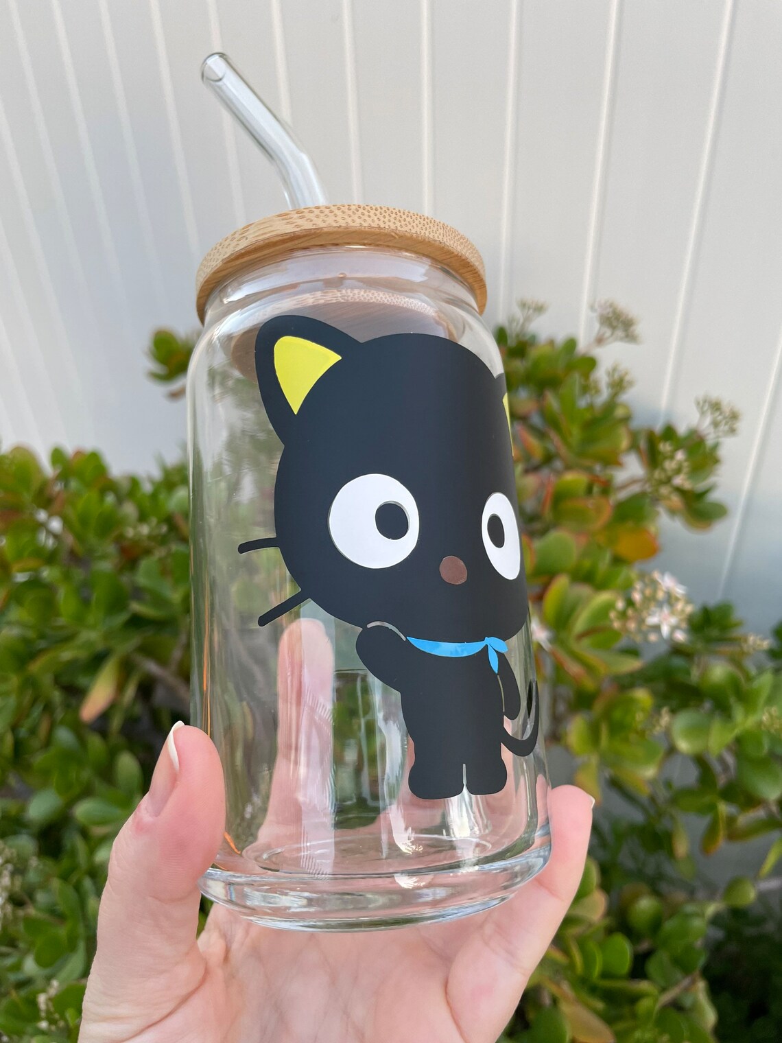 Chococat Aesthetic Glass Cup With Bamboo Lid and Glass Straw. - Etsy