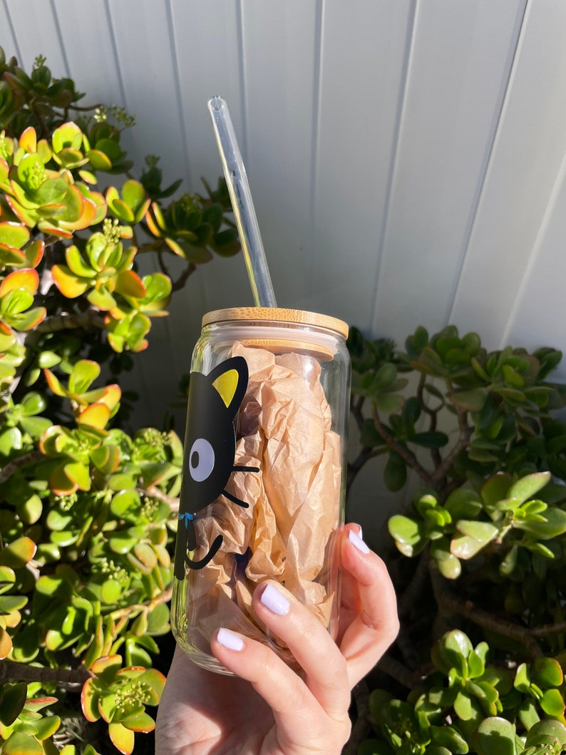 Chococat Aesthetic Glass Cup With Bamboo Lid and Glass Straw. - Etsy