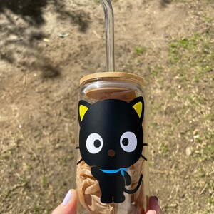 Chococat Aesthetic Glass Cup With Bamboo Lid and Glass Straw. - Etsy