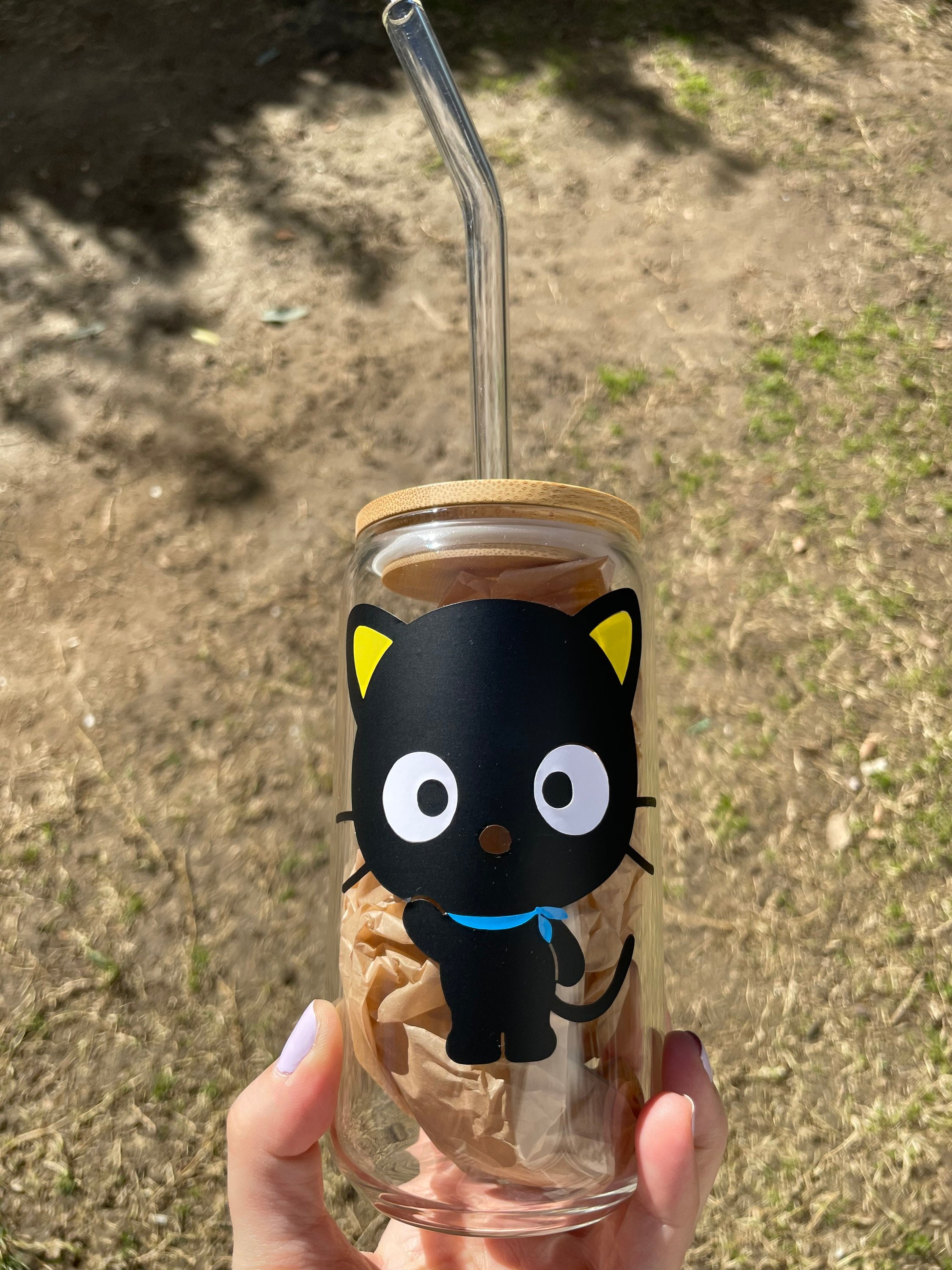 Chococat Aesthetic Glass Cup With Bamboo Lid and Glass Straw. - Etsy