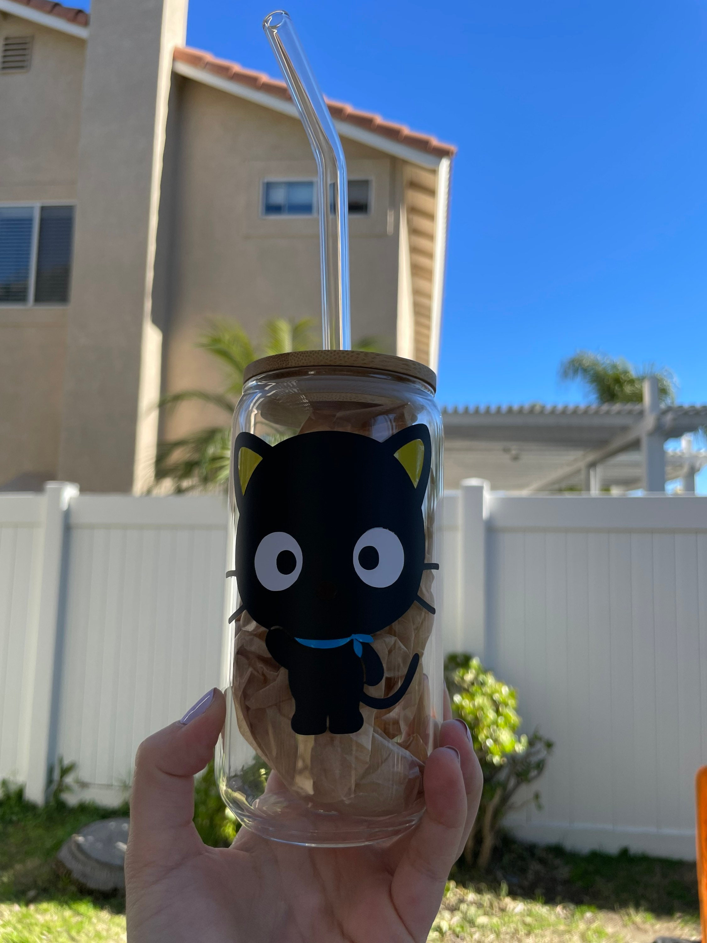 Chococat Aesthetic Glass Cup With Bamboo Lid and Glass Straw. - Etsy