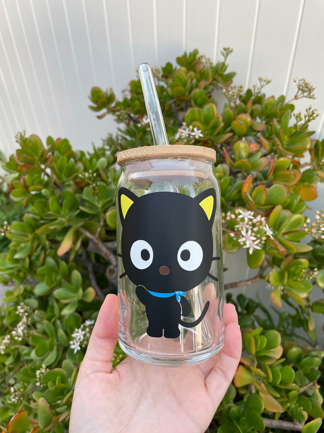 Chococat Aesthetic Glass Cup With Bamboo Lid and Glass Straw. - Etsy