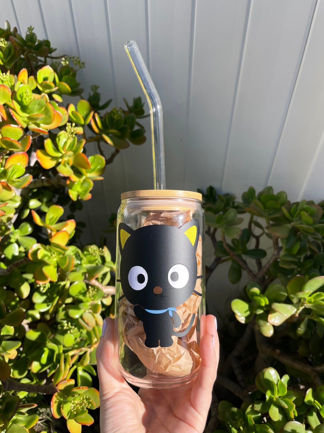 Chococat Aesthetic Glass Cup With Bamboo Lid and Glass Straw. - Etsy